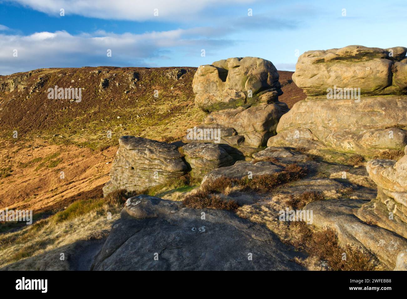 Winter sunset from Ringing Roger on Kinder Scout in the Peak District ...