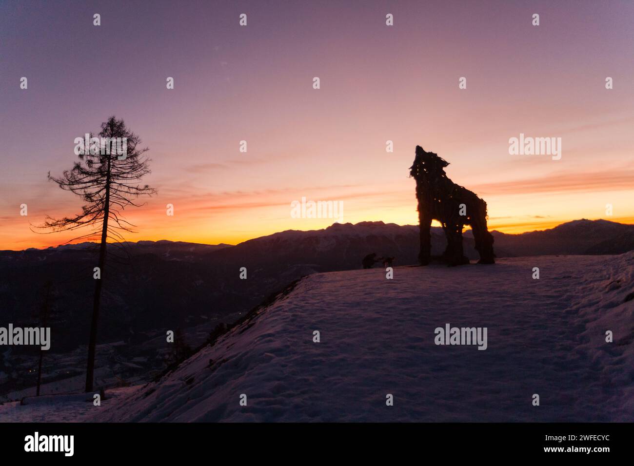 Wooden sculpture of a wolf made of tree branches. Vaia tempest wolf ...