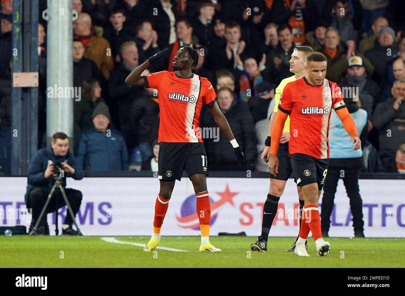 Luton Town's Elijah Adebayo celebrates scoring their side's third goal ...