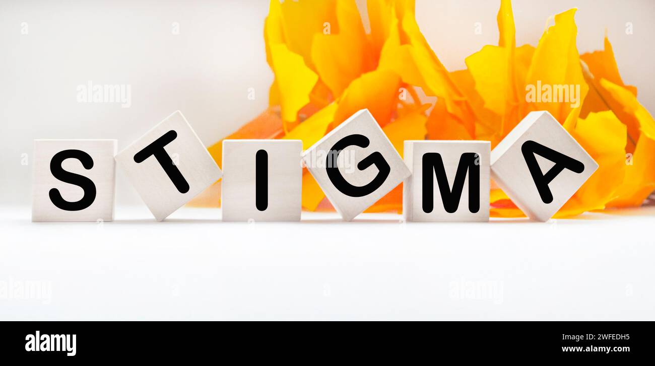 The word stamp made of wooden blocks lies on a light background with ...