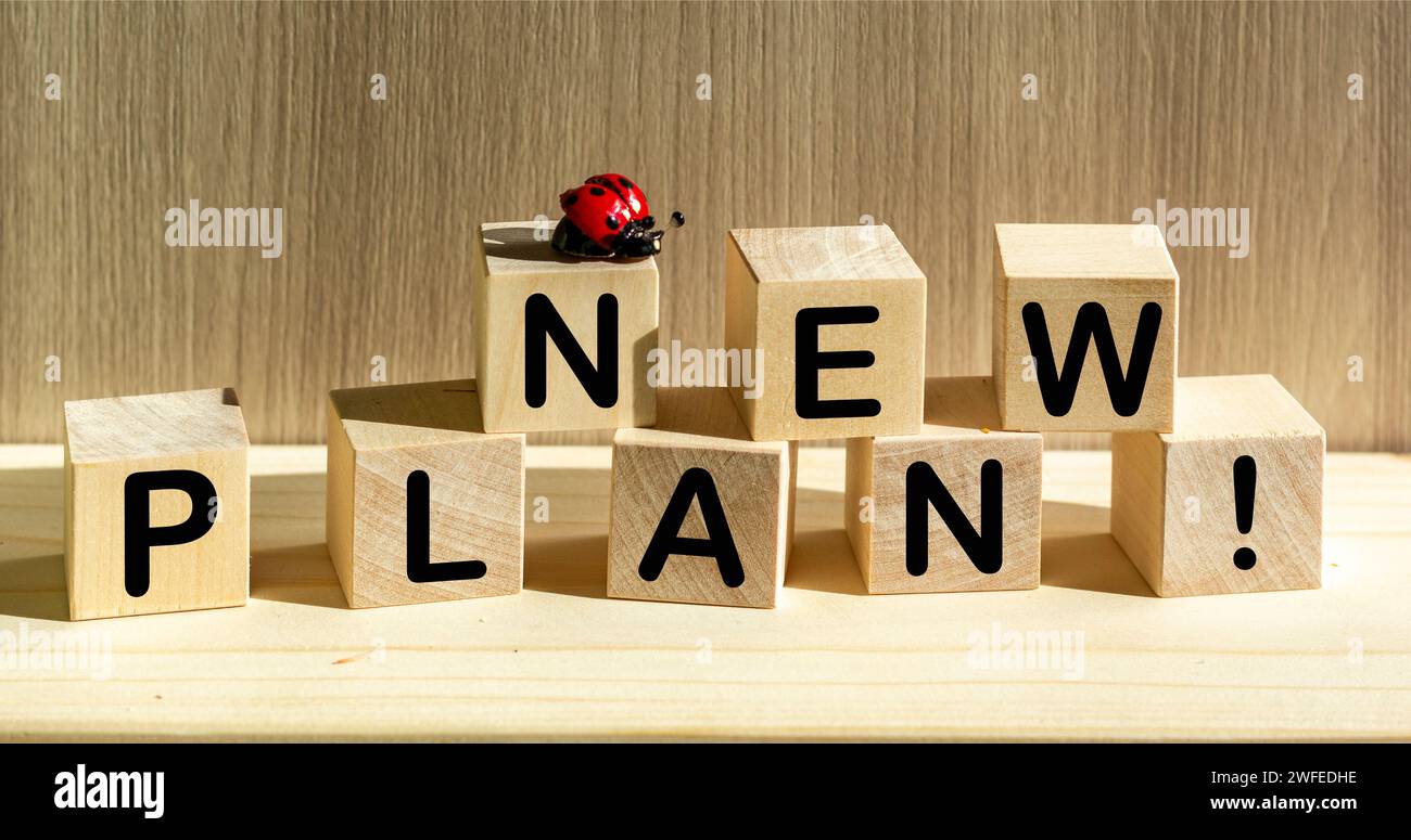 new word plan on wooden block and on wooden background Stock Photo - Alamy