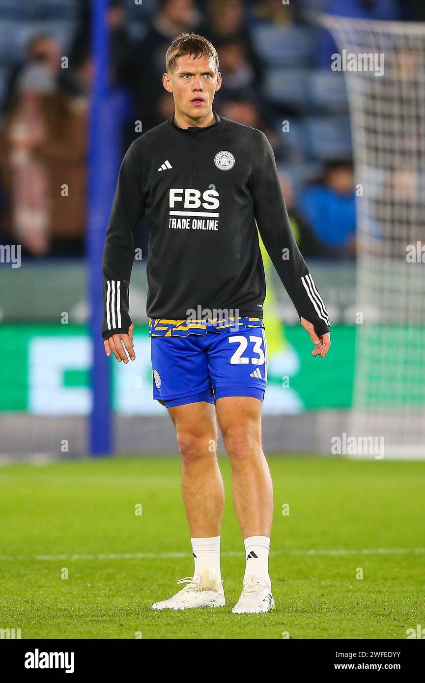 Jannik Vestergaard of Leicester City during the pre-game warmup ahead ...