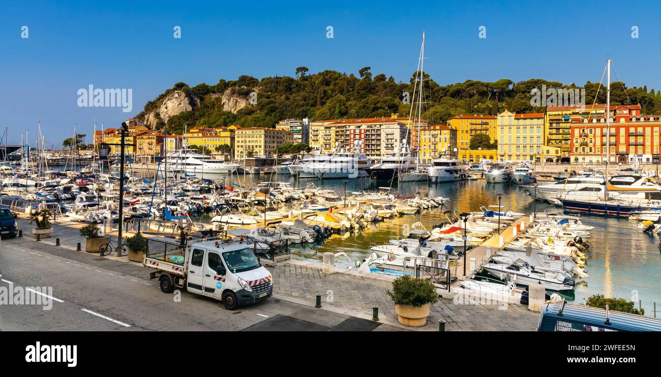 Nice, France - August 5, 2022: Nice port with yachts, boats and pierces ...