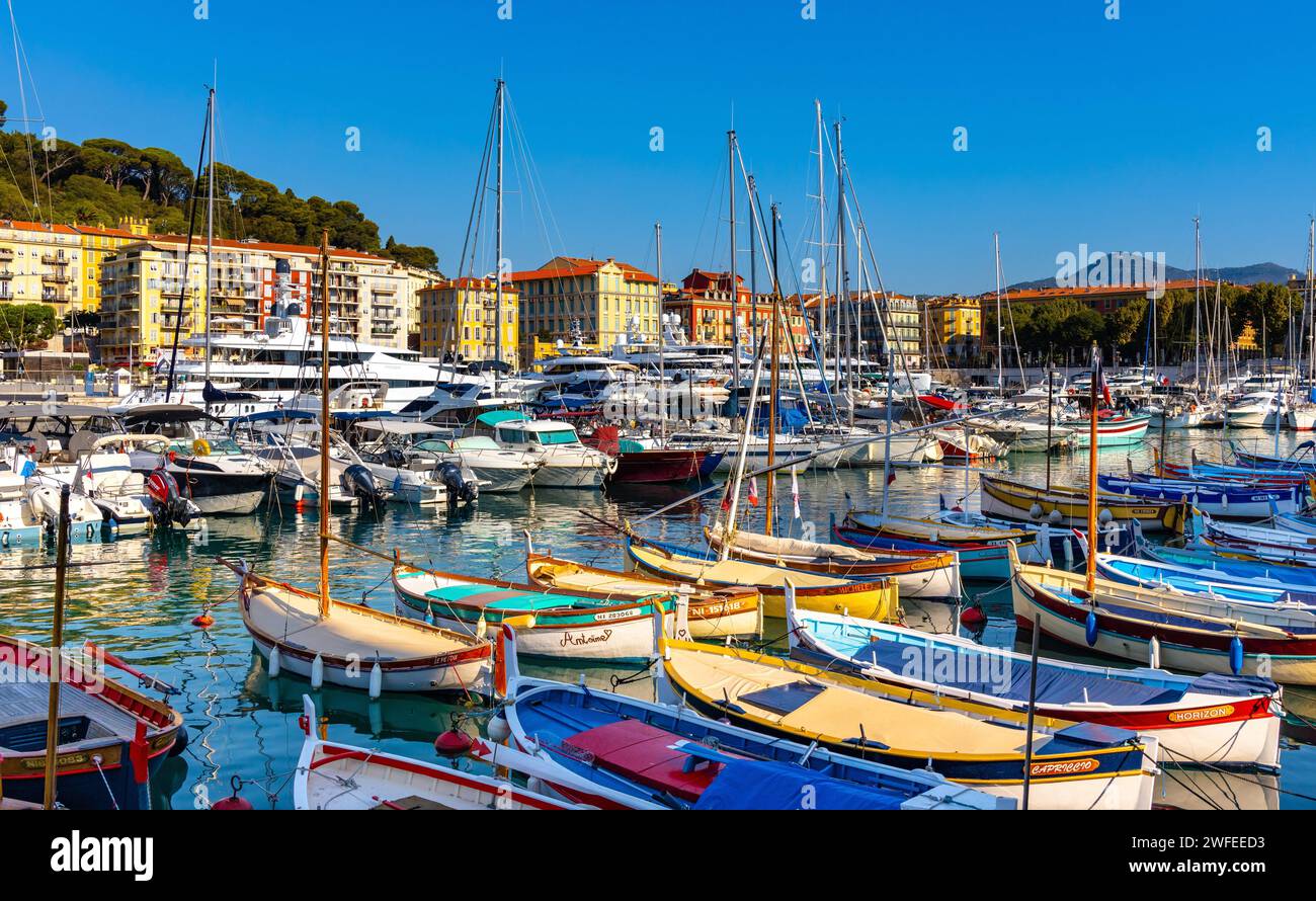 Nice, France - August 5, 2022: Nice port with yachts, boats and pierces ...