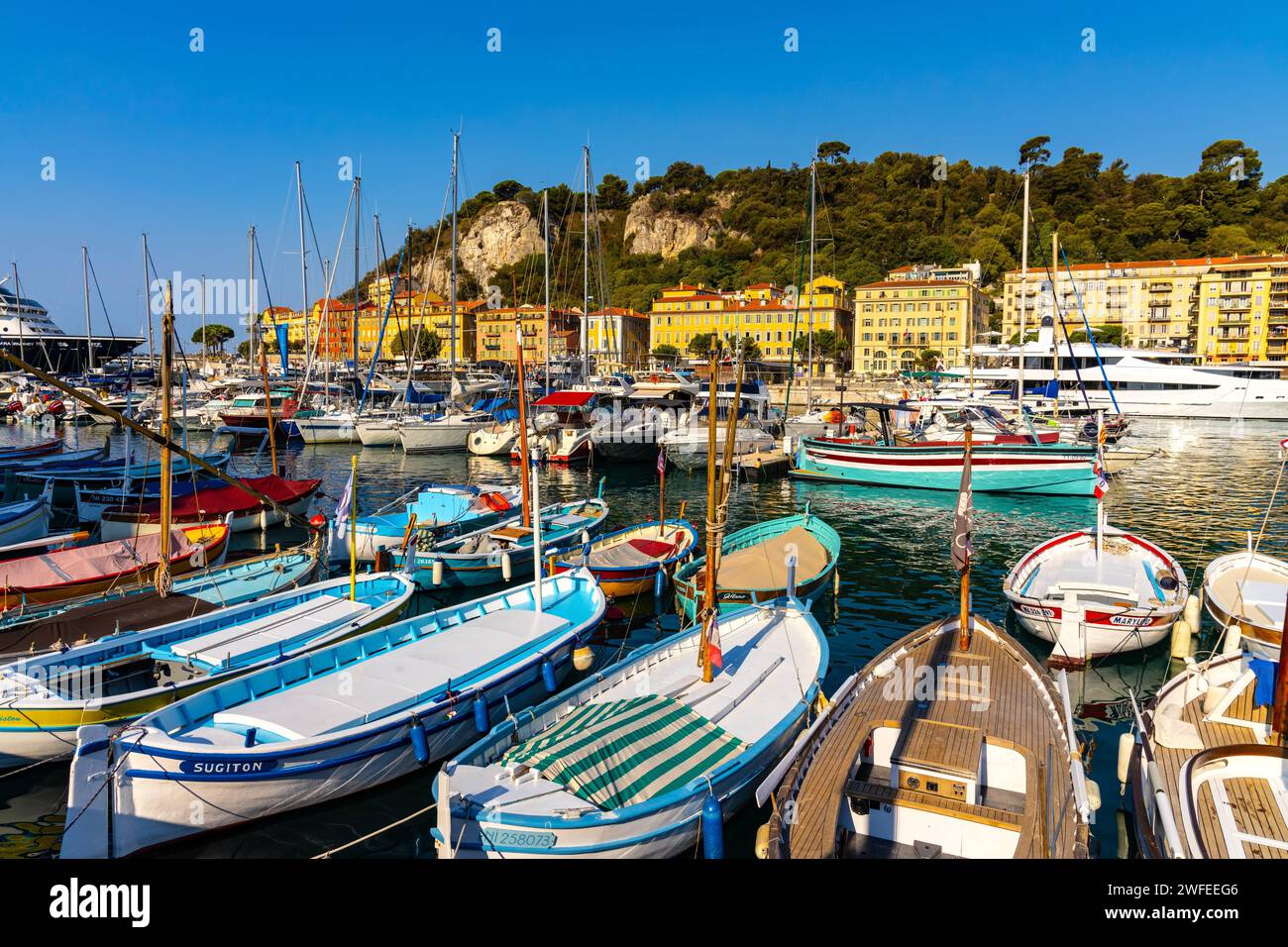 Nice, France - August 5, 2022: Nice port with yachts, boats and pierces ...