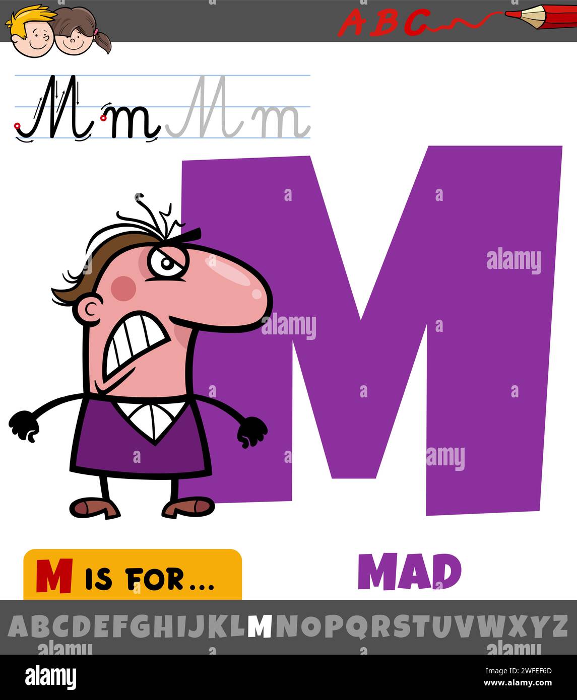 Educational cartoon illustration of letter M from alphabet with mad ...