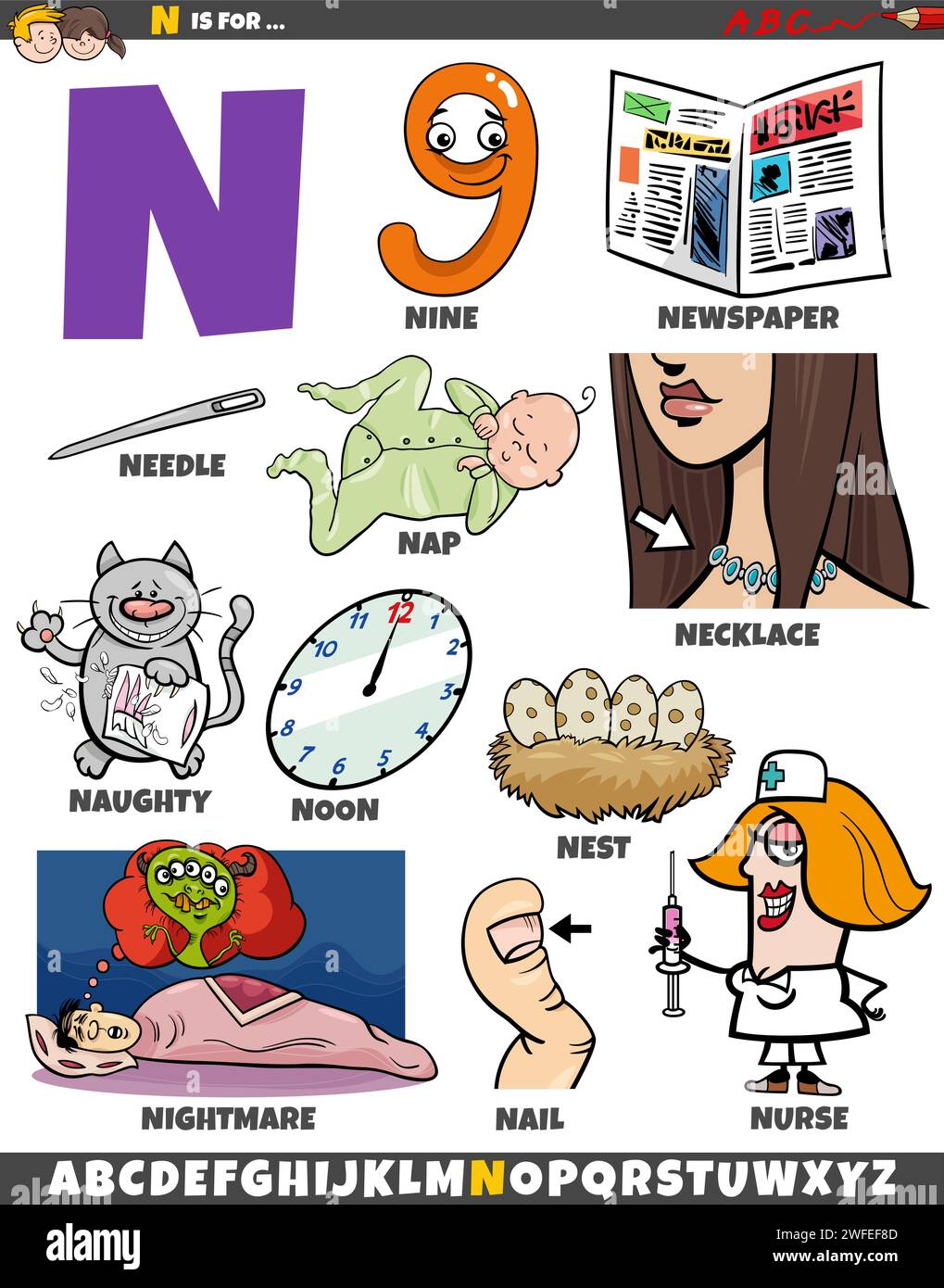 Cartoon illustration of objects and characters set for letter N Stock ...