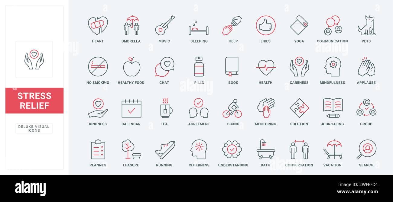 Relief and help with stress, care for mind and body line icons set ...