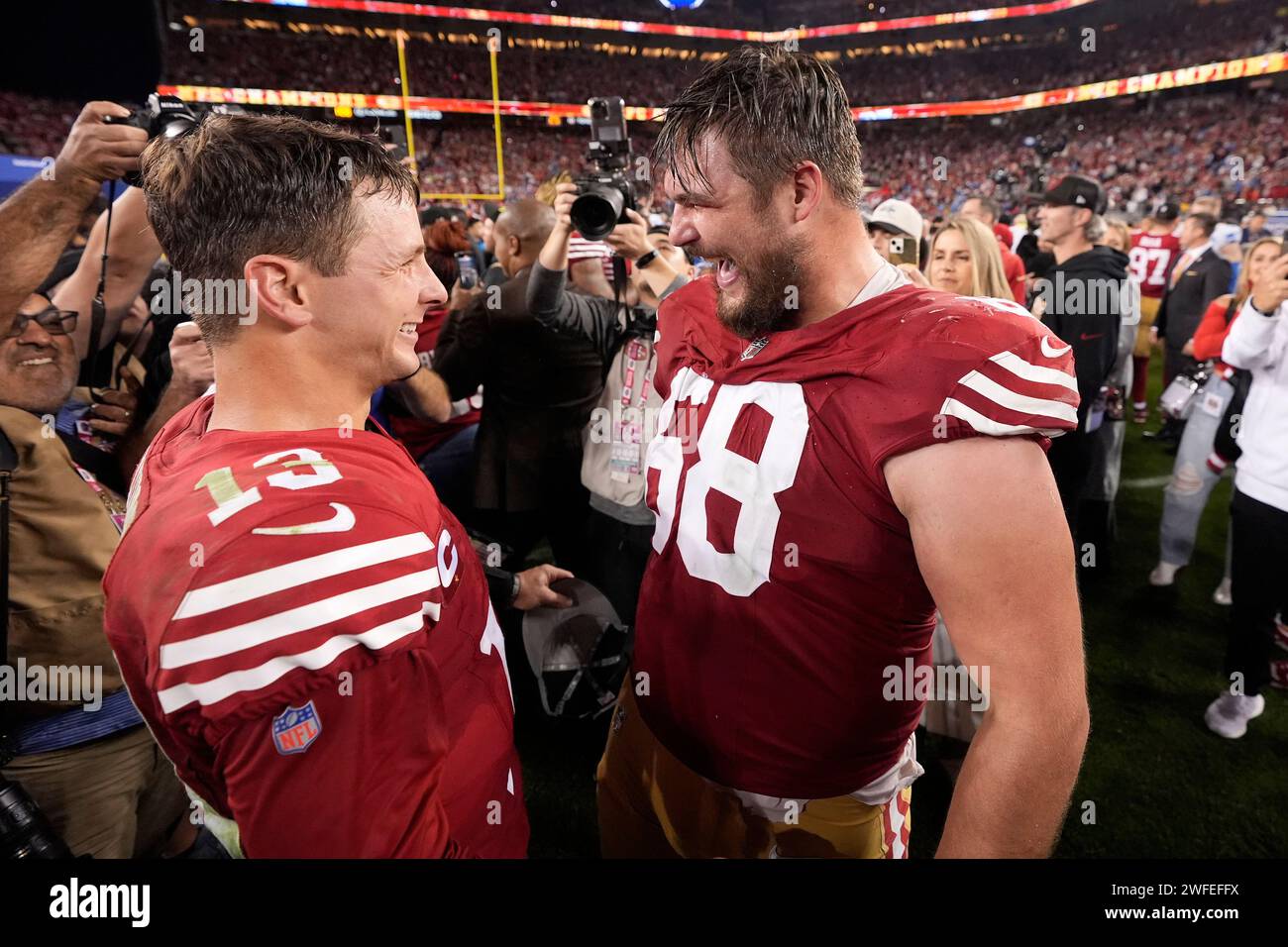 San Francisco 49ers quarterback Brock Purdy, left, celebrates offensive ...