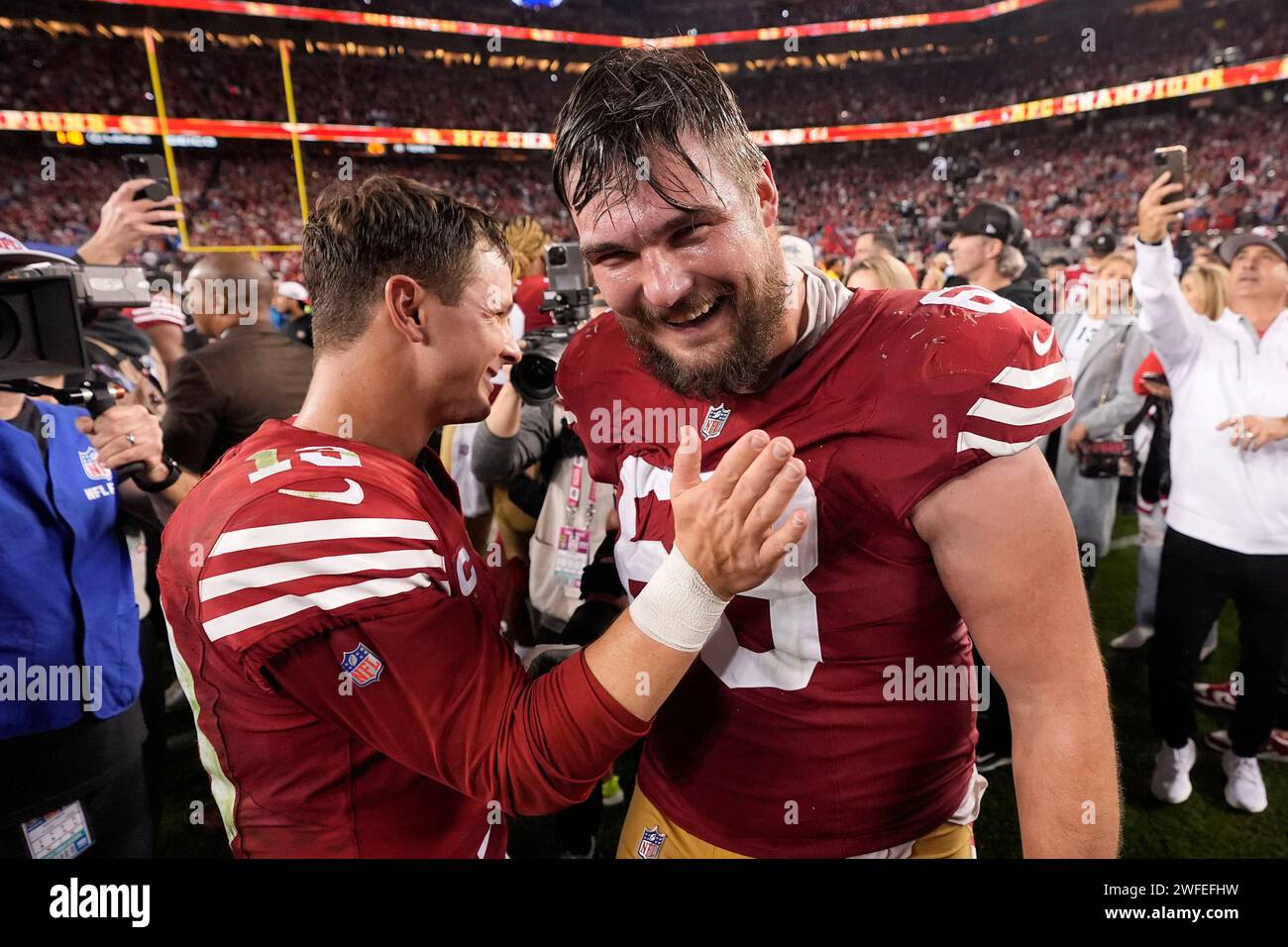 San Francisco 49ers quarterback Brock Purdy, left, celebrates offensive ...