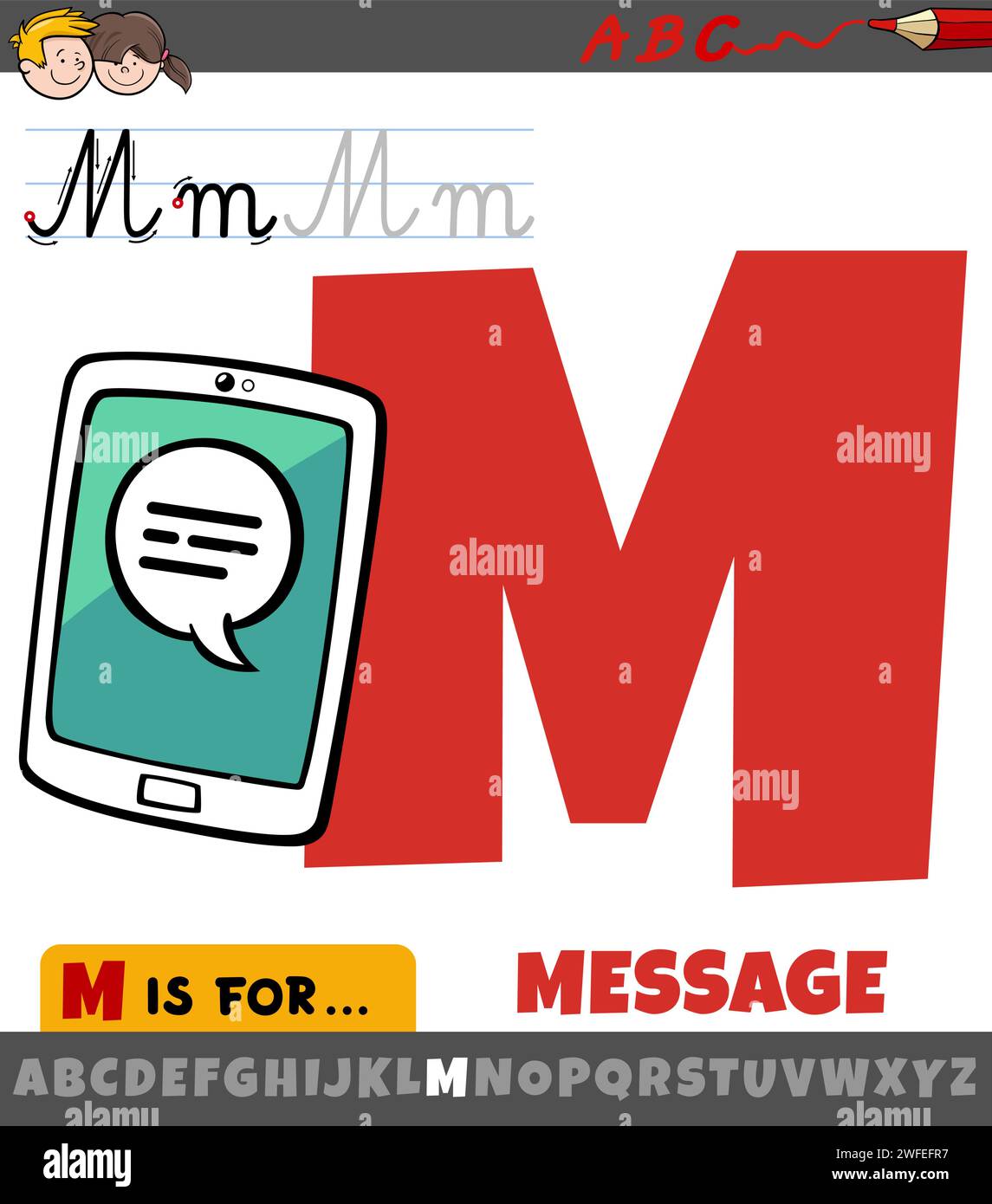 Educational cartoon illustration of letter M from alphabet with message ...