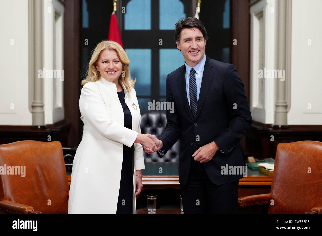 Slovakia President Zuzana Caputova, left, is welcomed by Canada Prime ...