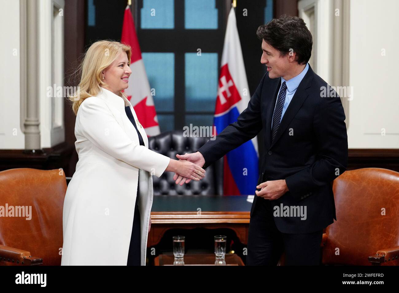 Slovakia President Zuzana Caputova, left, is welcomed by Canada Prime ...