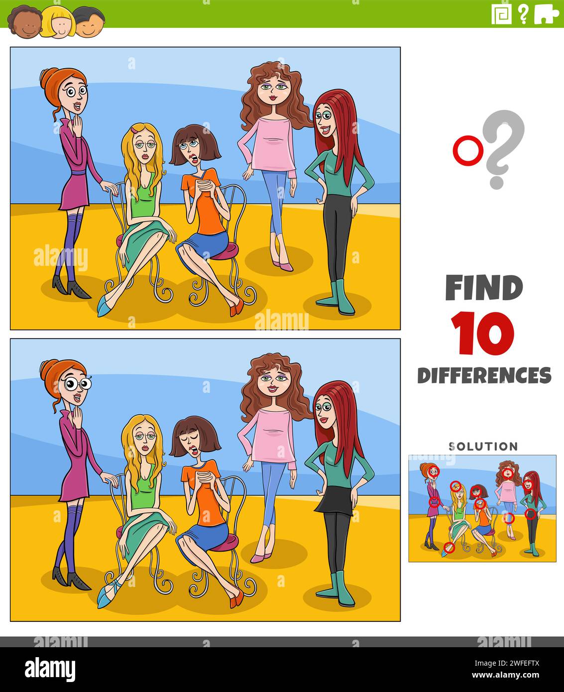 Cartoon illustration of finding the differences between pictures educational activity with young ...