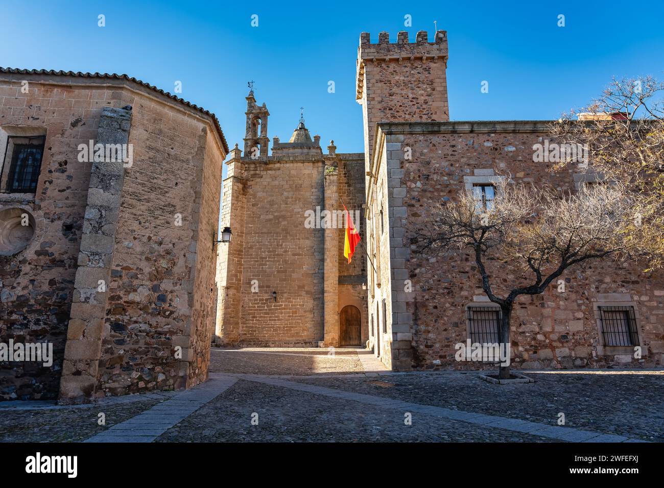 Medieval buildings in the centre of the medieval city of Caceres, a ...