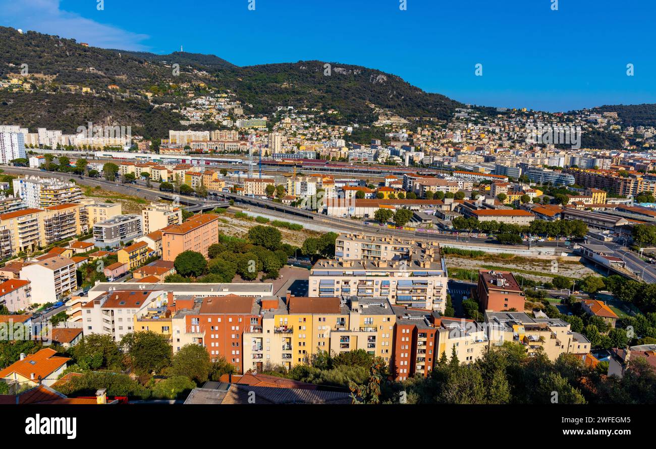 Nice, France - August 7, 2022: Mount Gros and Alpes hills with Paillon ...