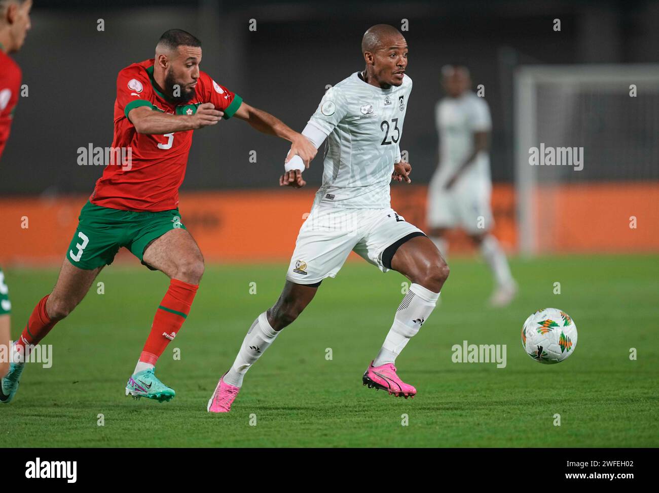 January 30 2024: Noussair Mazraoui (Morocco) and Thapelo James Morena ...