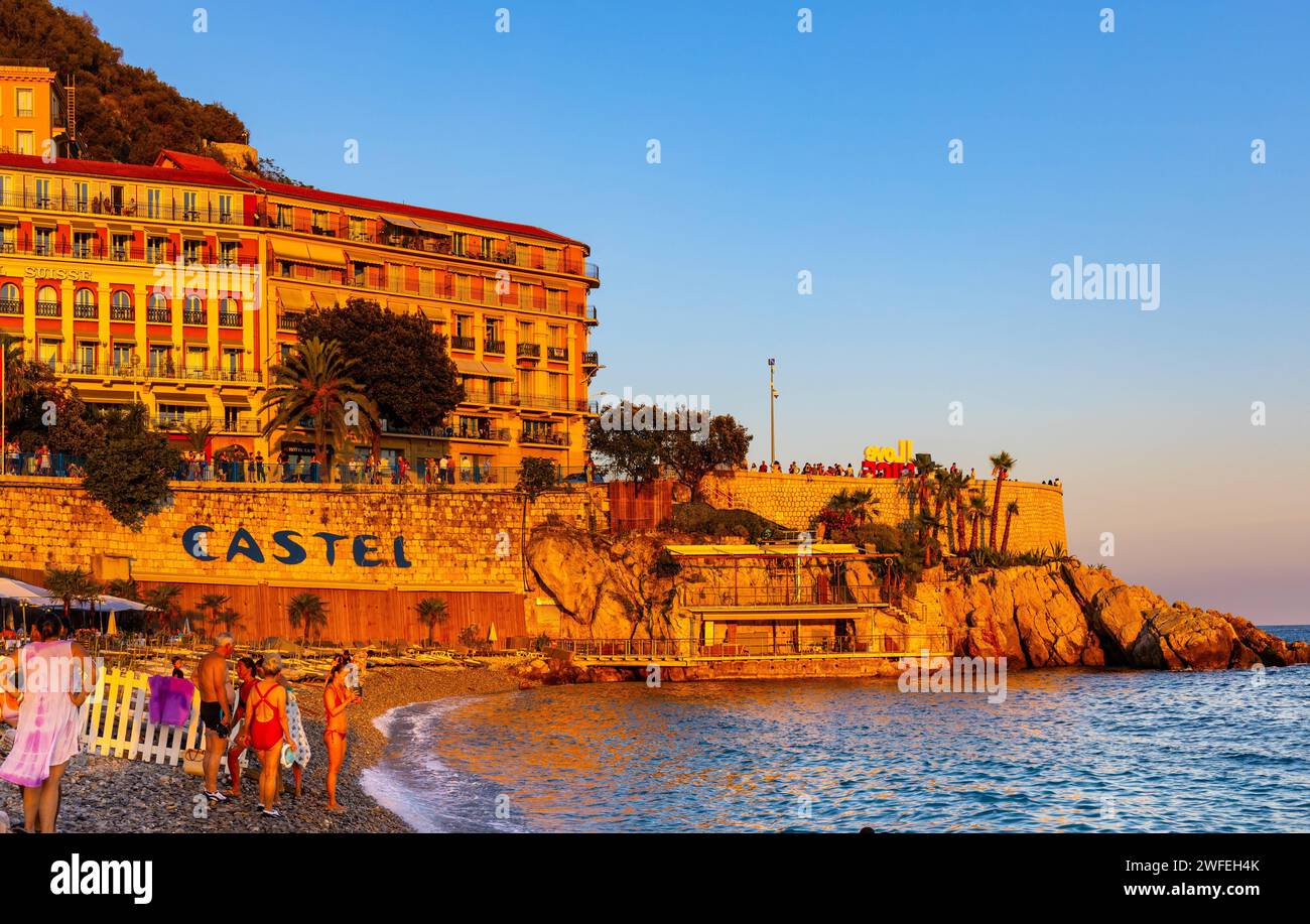 Nice, France - July 29, 2022: Sunset view of Colline du Chateau Castle ...