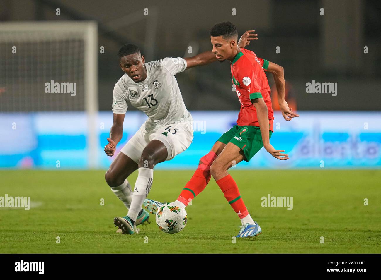 January 30 2024: Azz-Eddine Ounahi (Morocco) and Thapelo James Morena ...