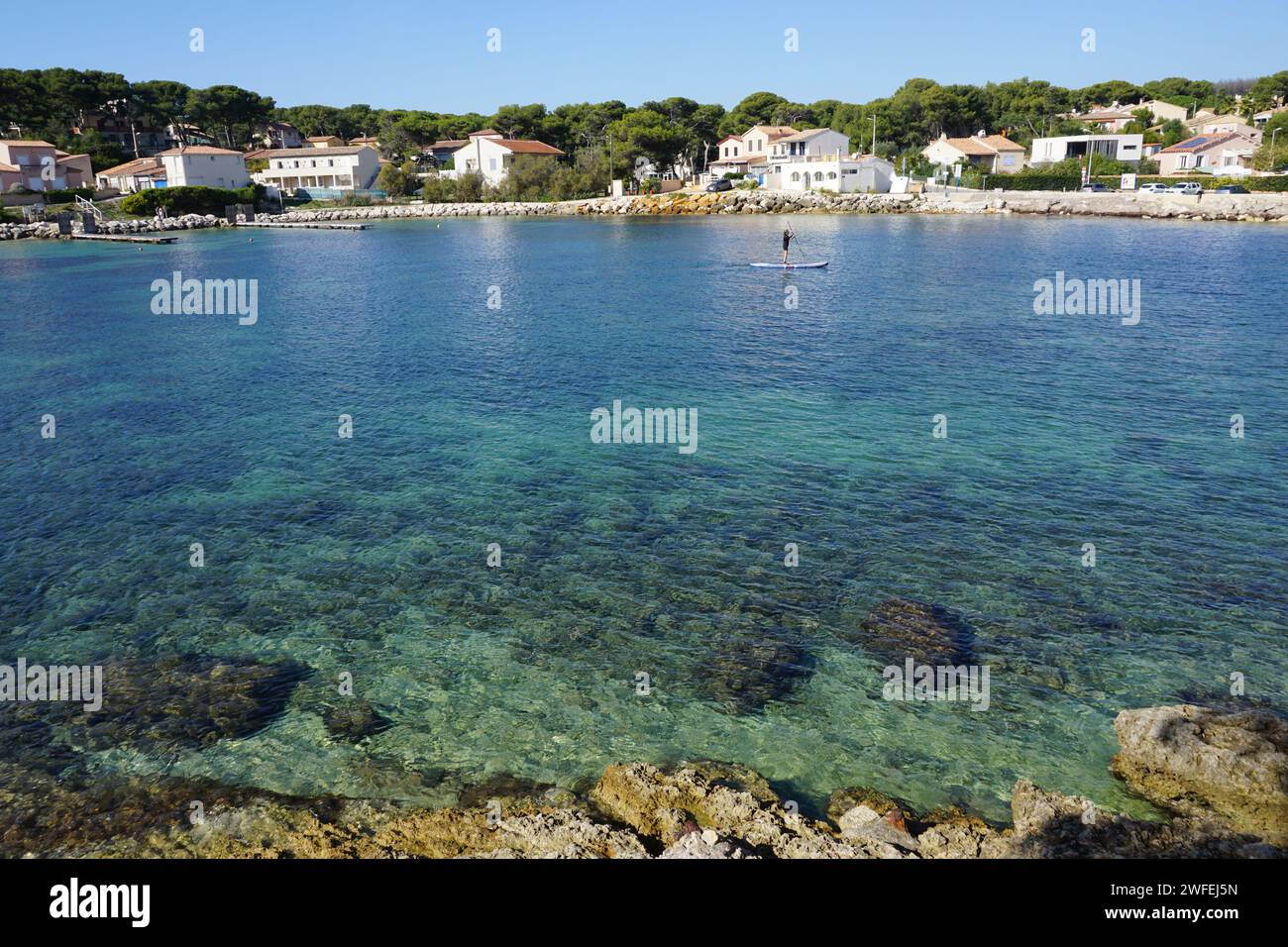 clear water on the mediterranean coast, france in the calanques with ...