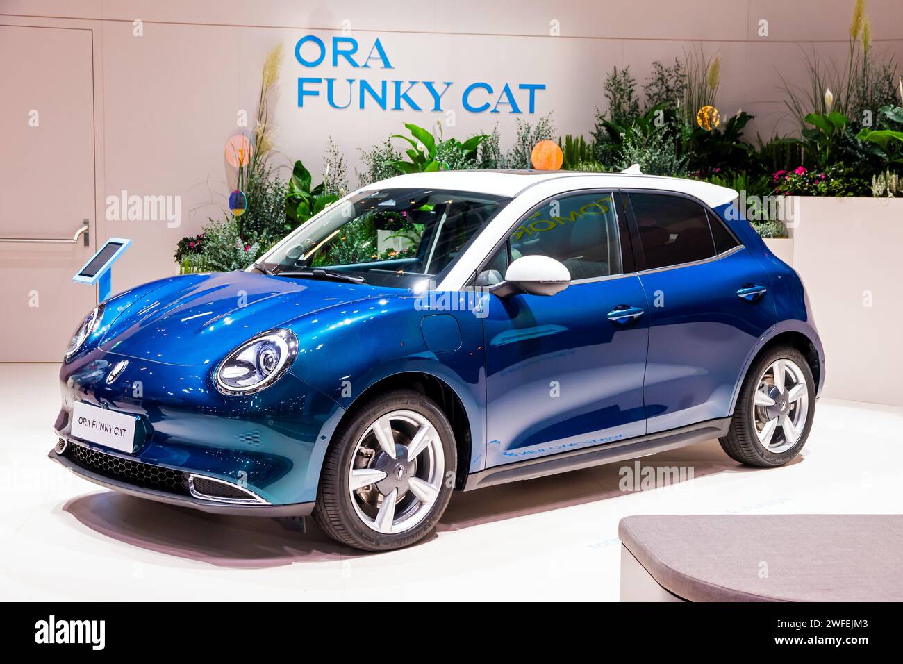 GWM ORA Funky Cat full-electric compact car showcased at the Paris Motor Show, France - October ...