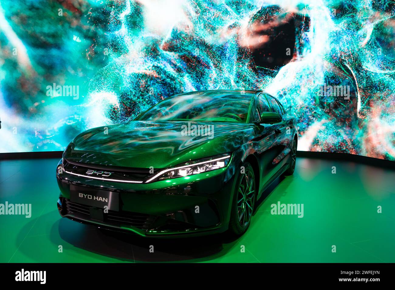 BYD Han all-electric car showcased at the Paris Motor Show, France ...