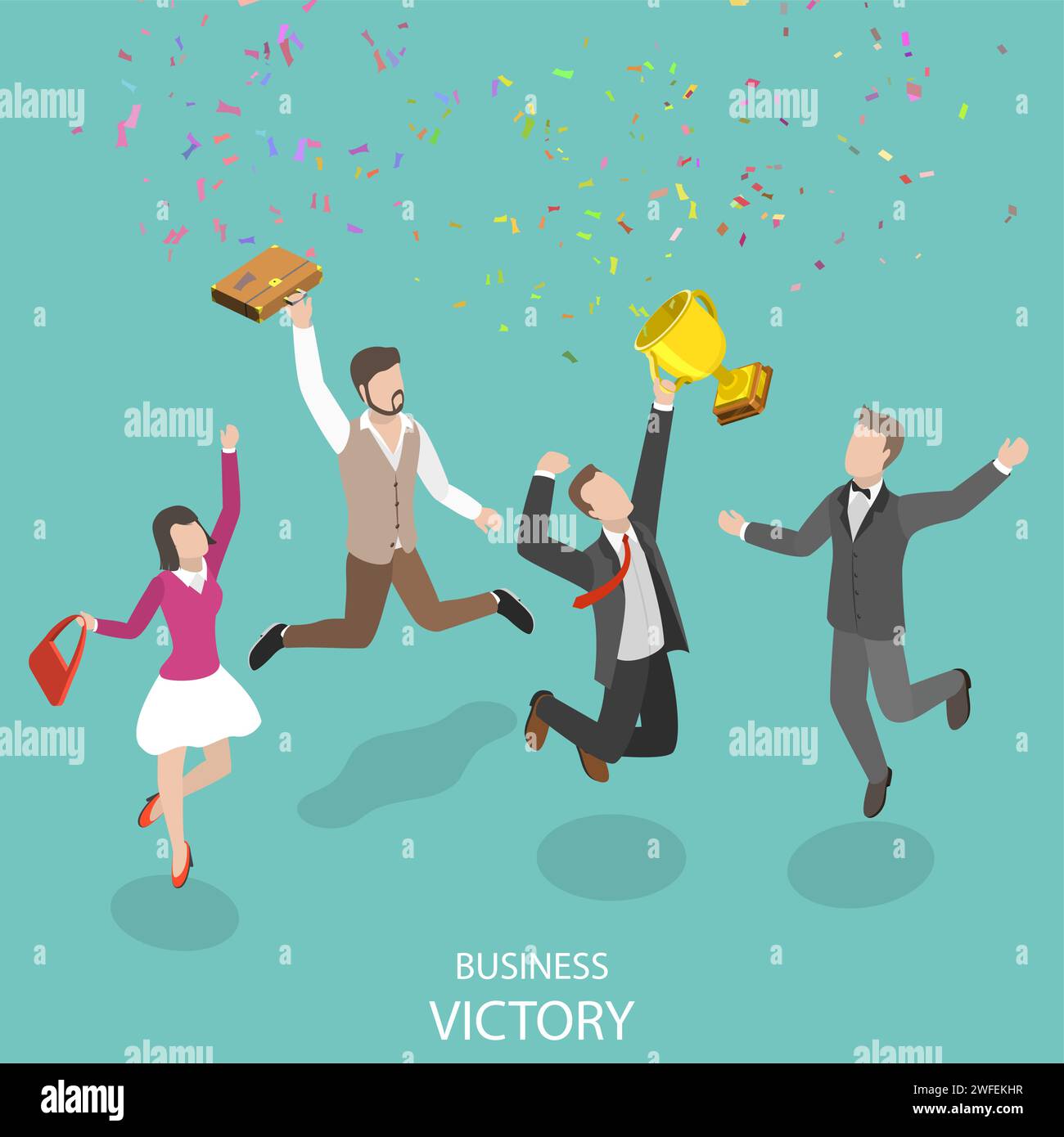 Business victory flat isometric vector concept. People with winner cup ...
