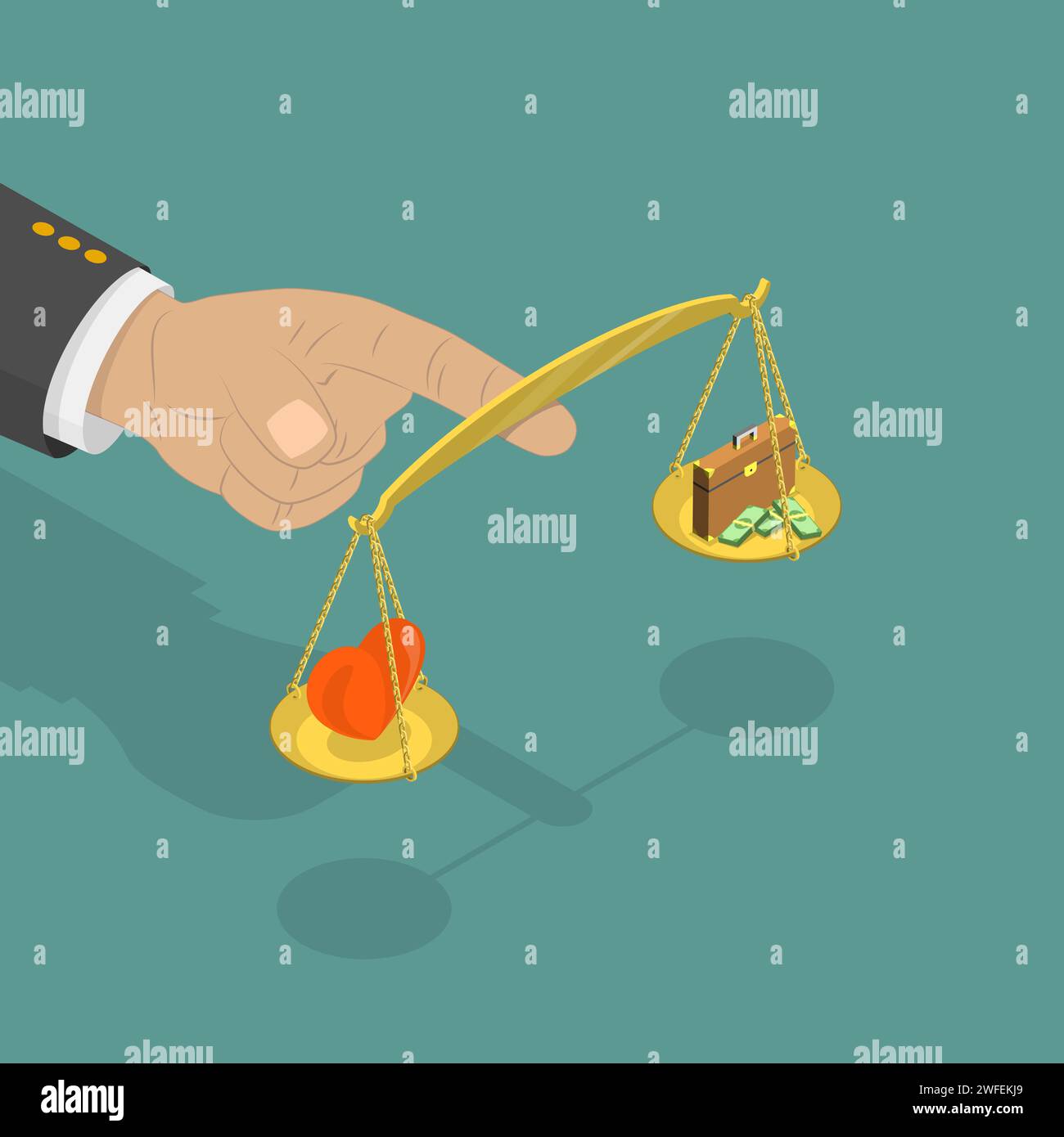 Life balance flat isometric vector. Big hand is holding scales on its ...