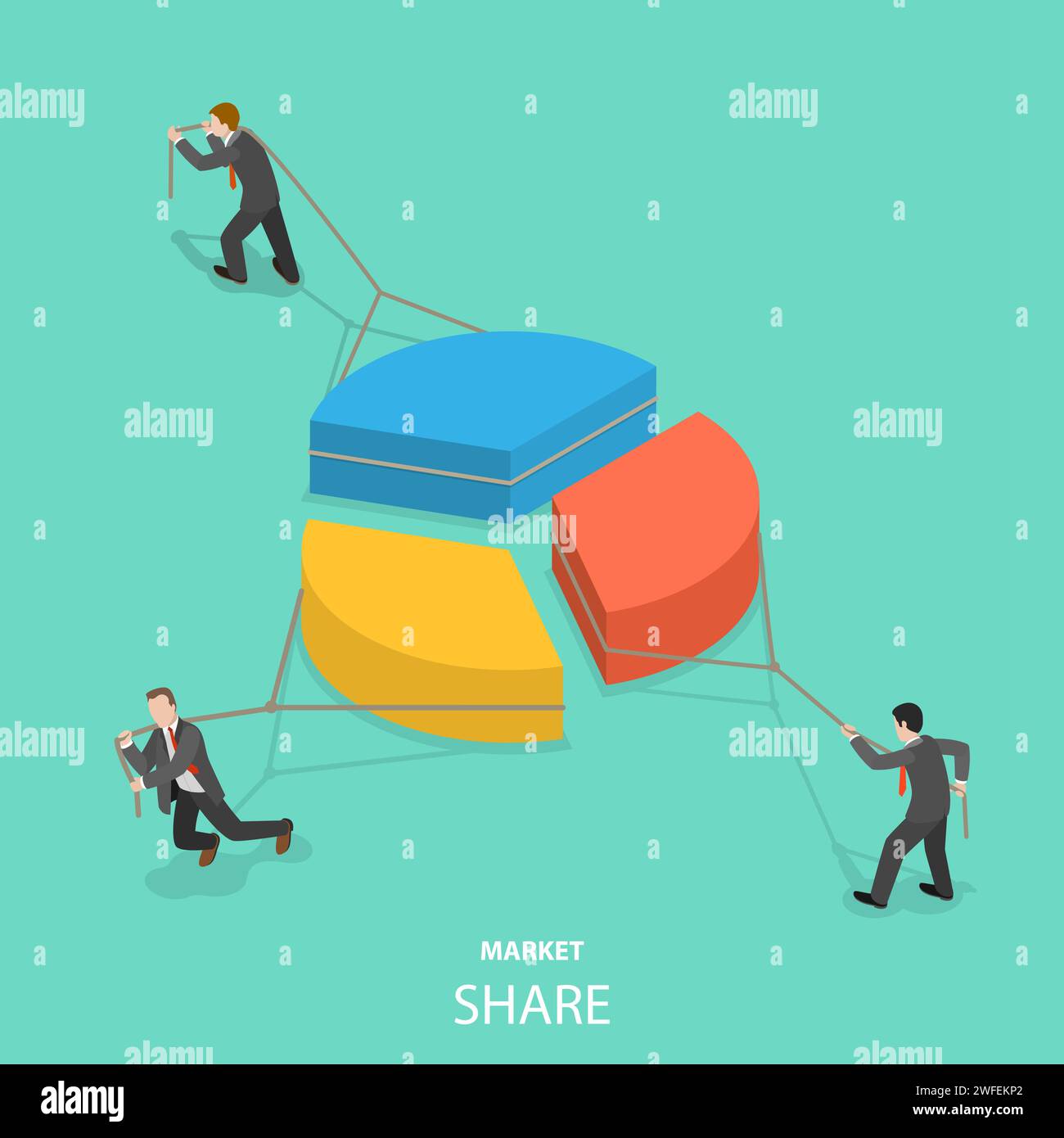 Market share flat isometric vector concept. Businessmen are competing ...