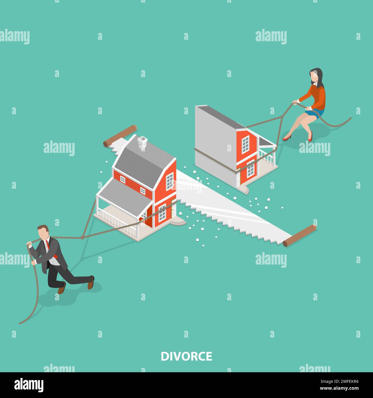 Divorce flat isometric vector concept. Man and a woman are dragging ...