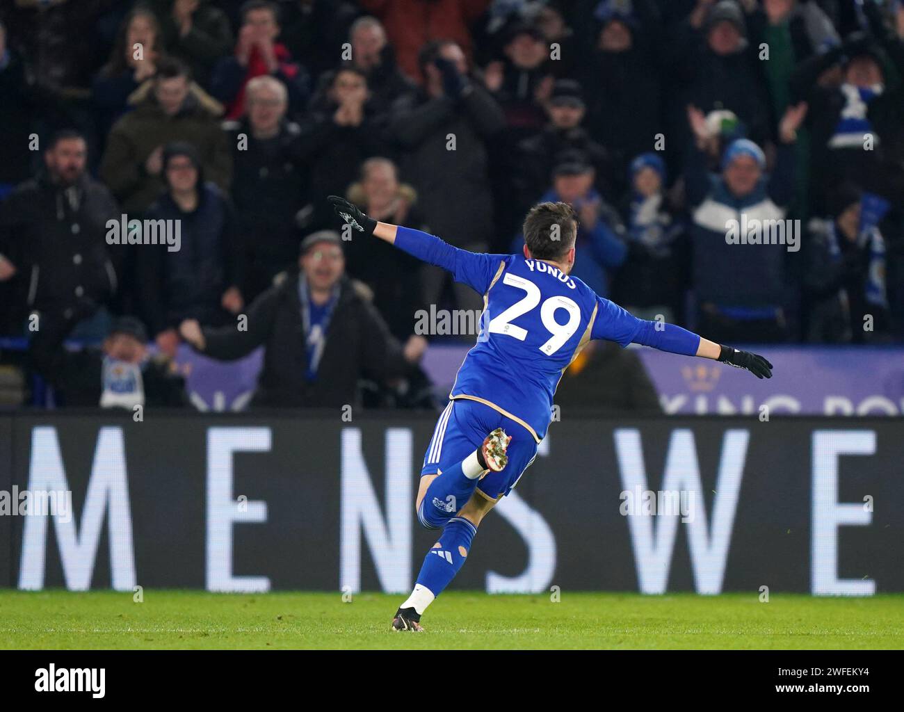 Leicester City's Yunus Akgun celebrates scoring their side's third goal ...