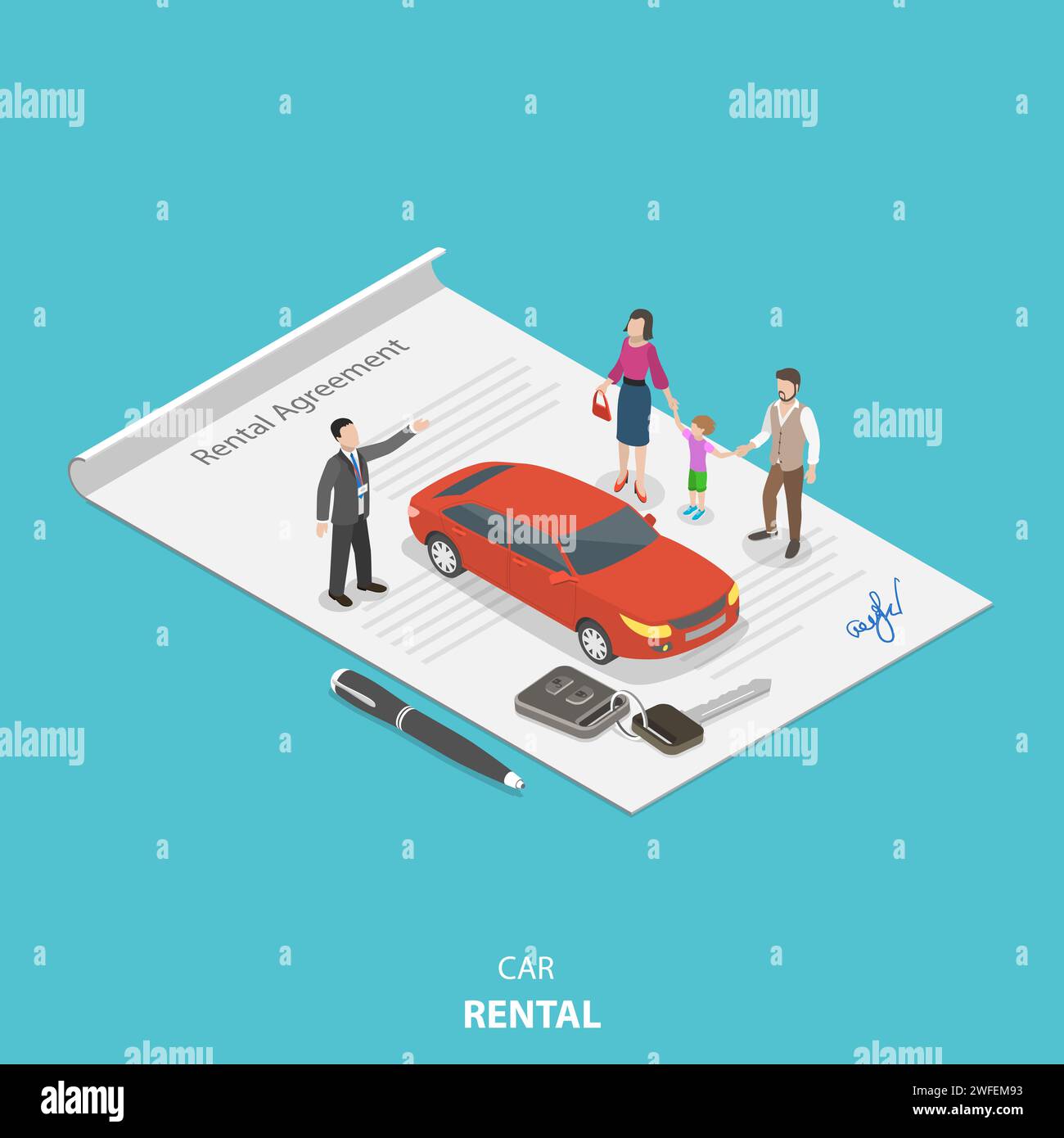 Vehicle rental flat isometric vector concept. Rental agent is ...