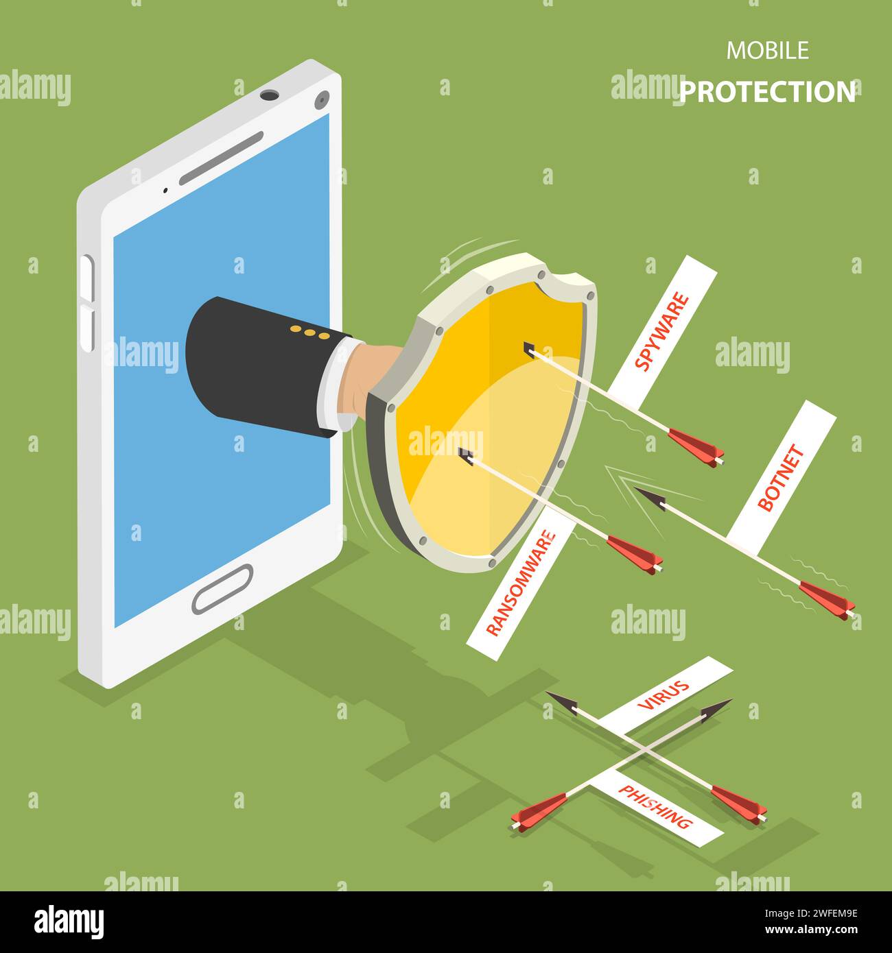 Mobile protection flat isometric vector concept. Man hand with a shield ...