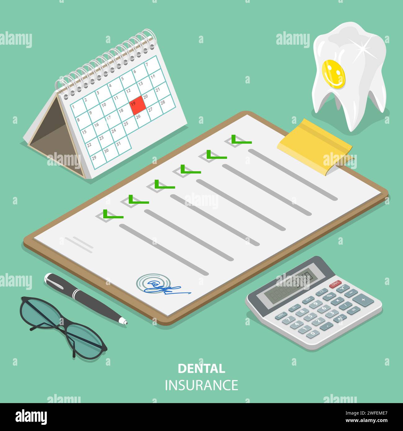 Dental insurance flat isometric vector concept. Signed policy is lying ...
