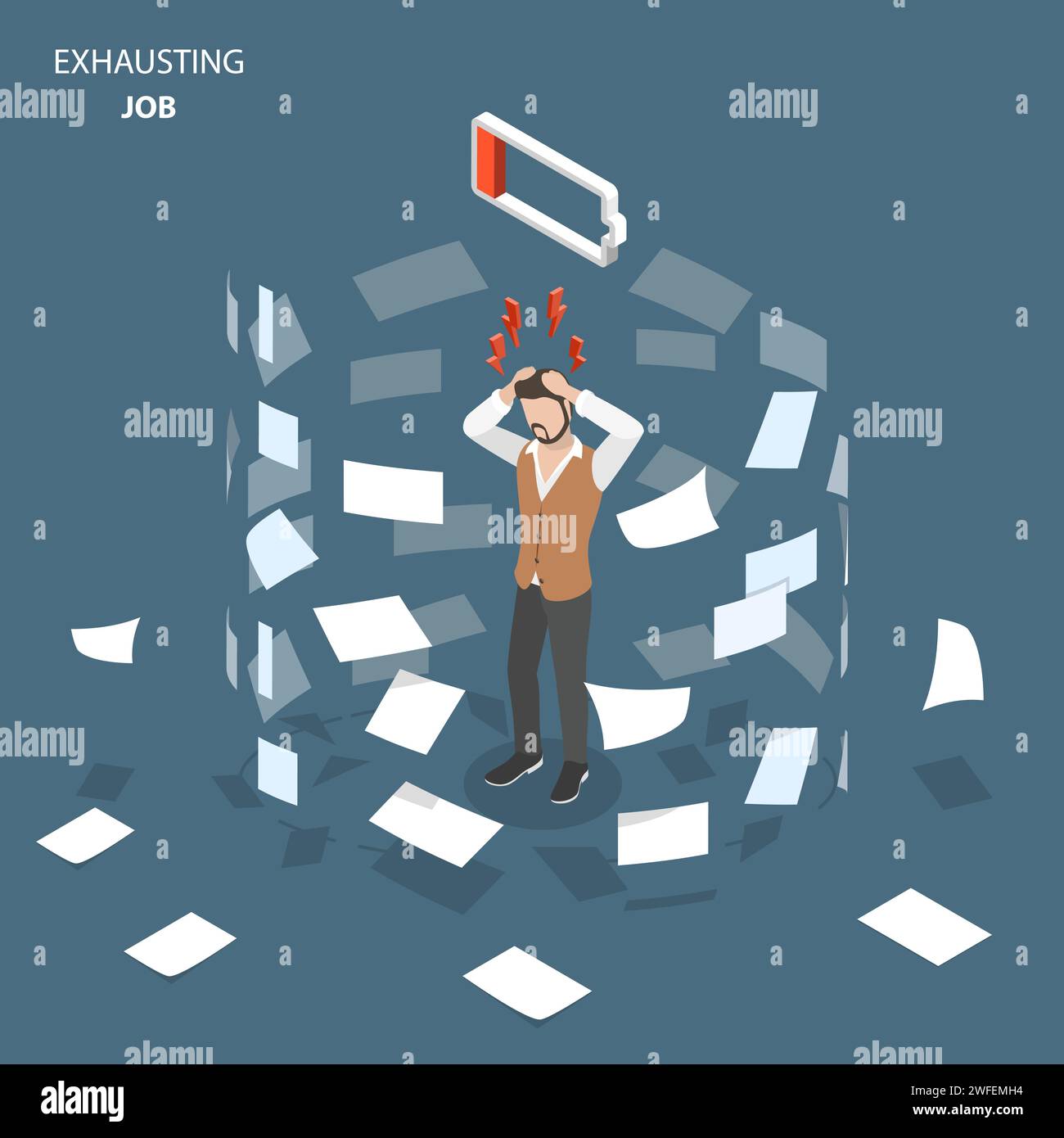 Exhausting job flat isometric vector concept. Man stands, holding his ...