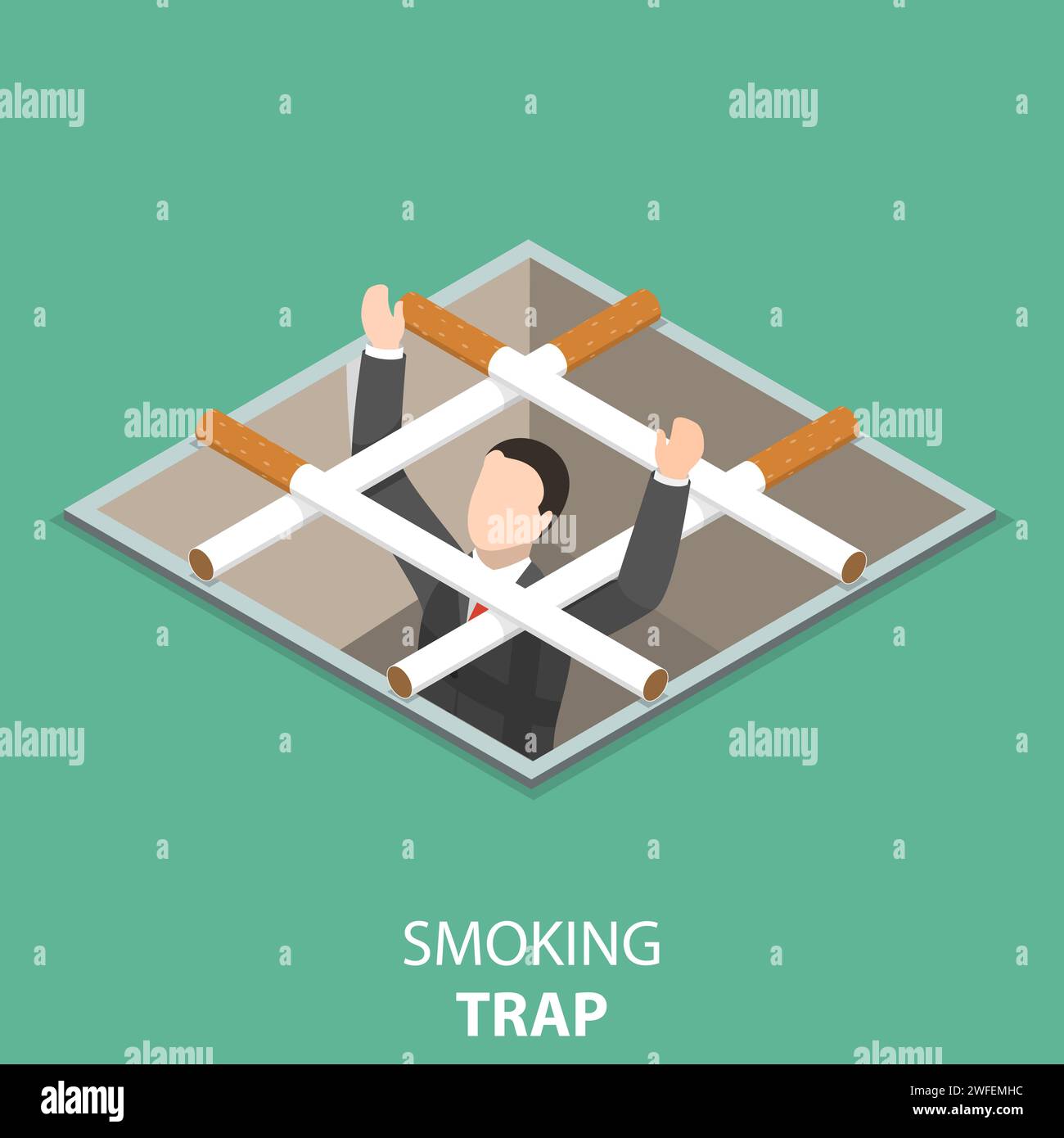 Smoking trap flat isometric vector concept. Man has got into a pit with ...