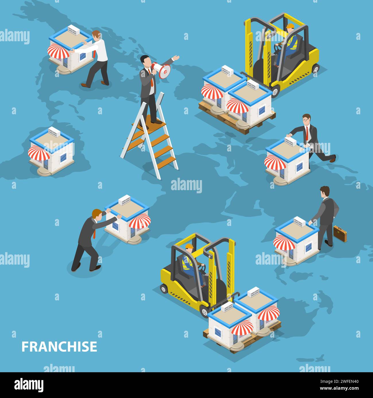 Franchise flat isometric vector concept. Businessmen are arranging ...