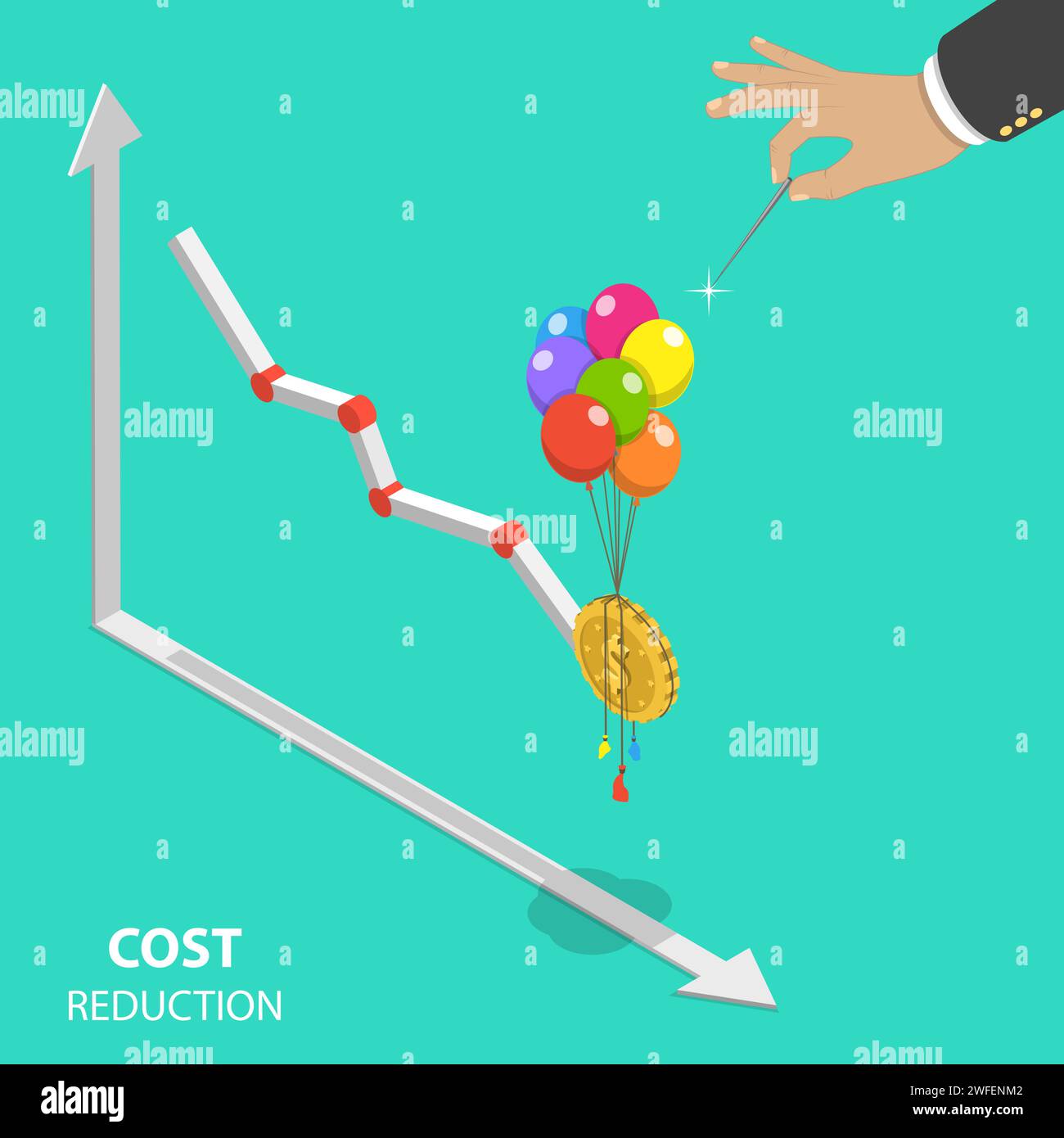Cost reduction flat isometric vector concept. Hand is bursting air balloons using needle to low ...