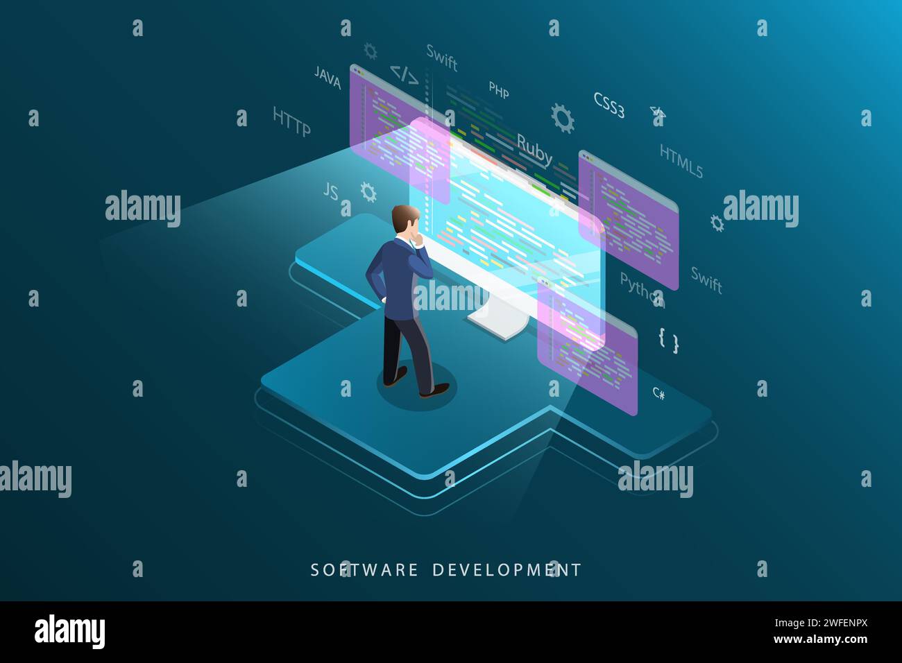 Flat Isometric Vector Concept Of Software Development Programming Coding Stock Vector Image