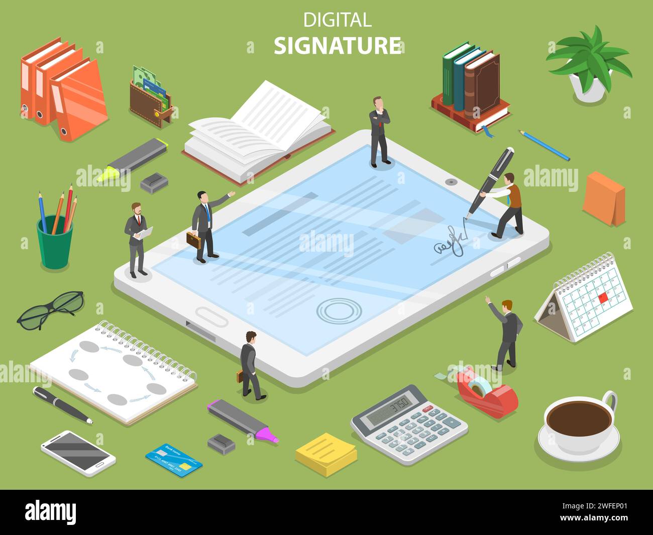 Digital signature flat isometric vector concept. Group of people are ...