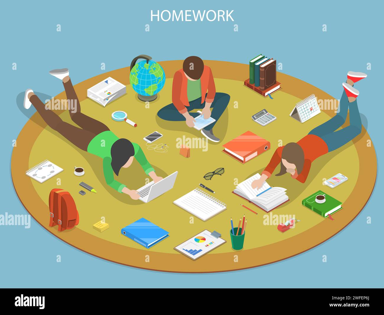 Homework flat isometric vector concept. Students are doing their ...