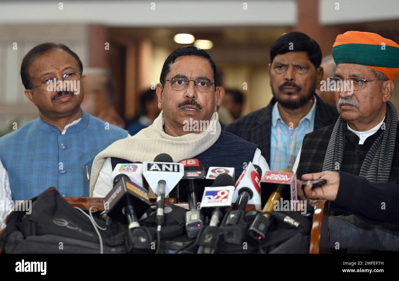 NEW DELHI, INDIA - JANUARY 30: Union Parliamentary Affairs Minister Pralhad Joshi speaks to the ...