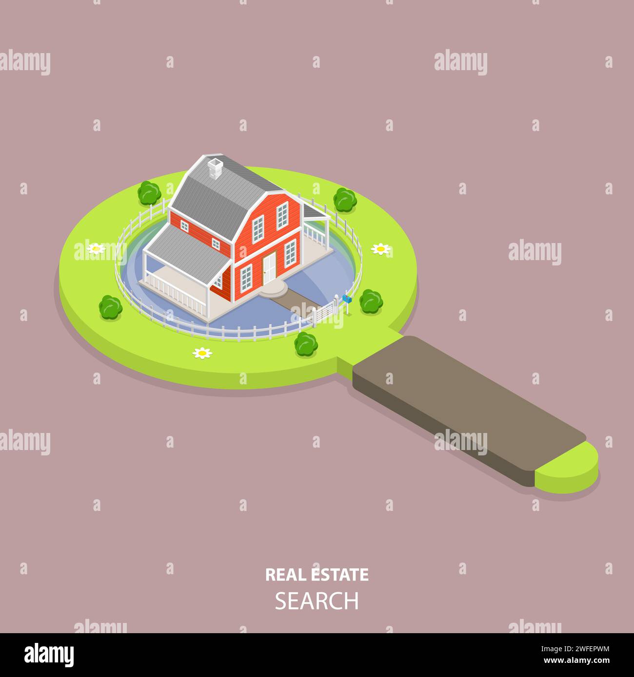 Real estate search flat isometric vector concept. House is located on ...