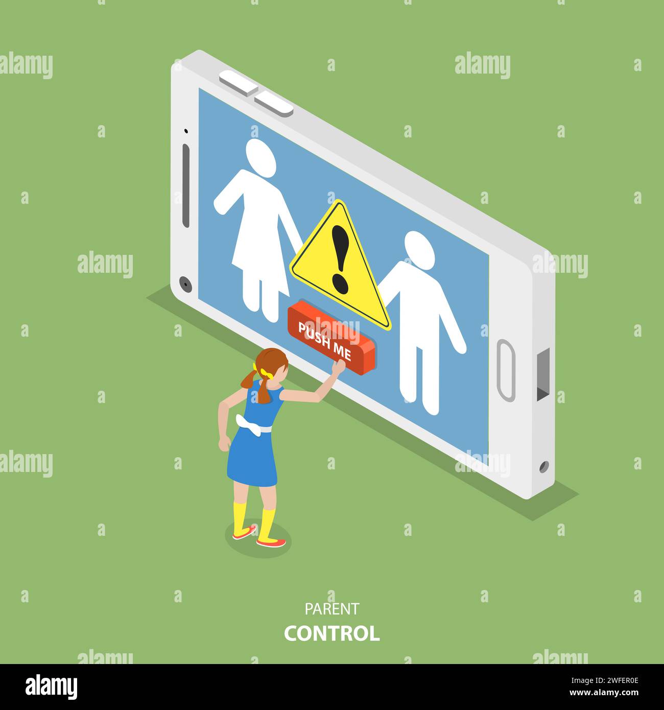 Parent control flat isometric vector. Teen girl is pushing a red button ...