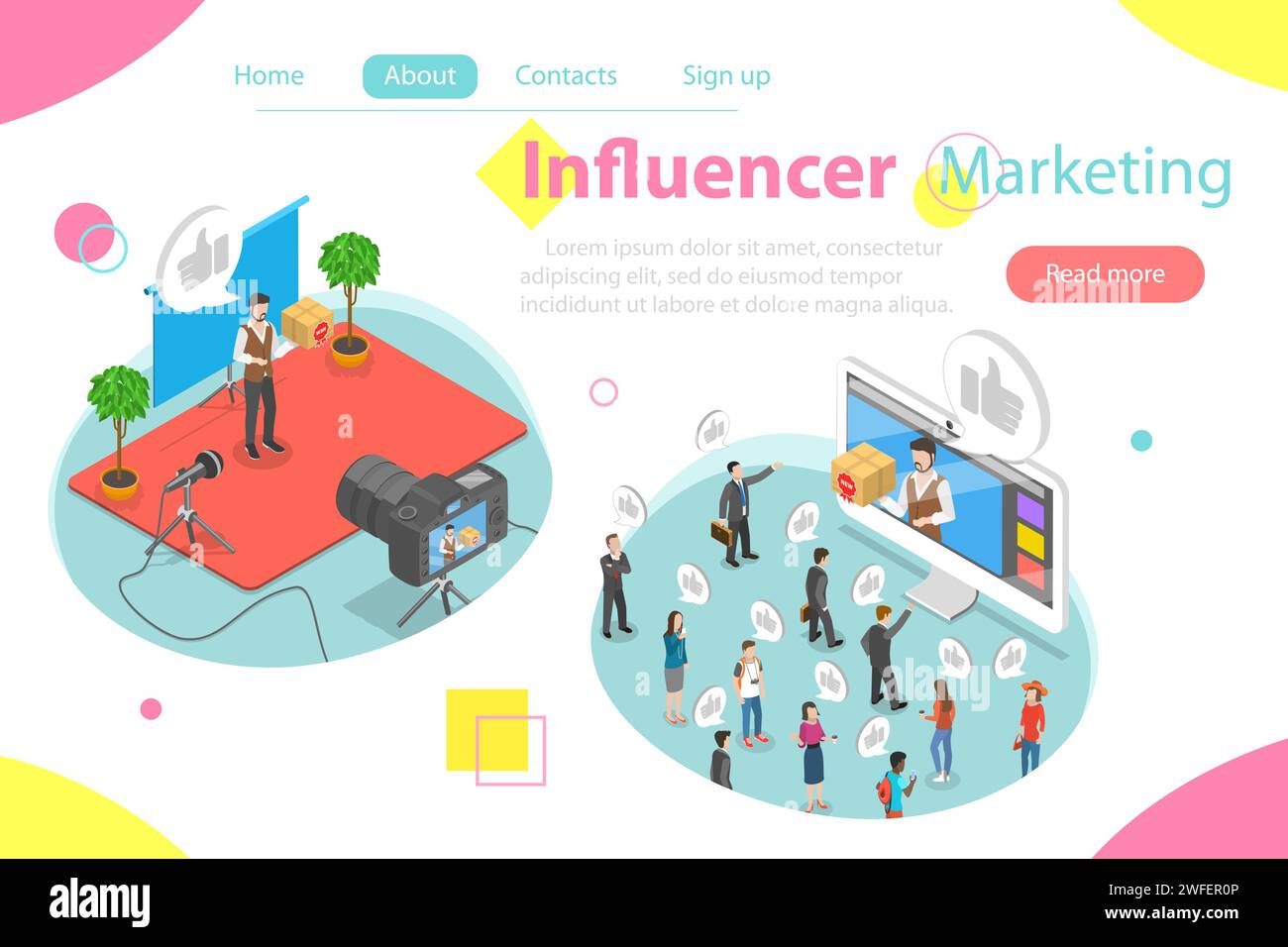 Influencer marketing flat isometric vector concept. Video blogger is ...
