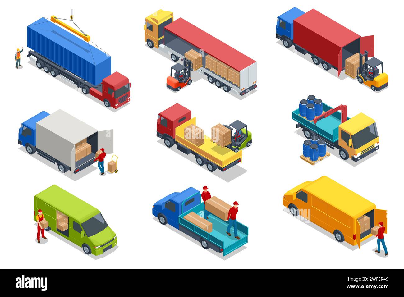 Isometric Forklift Tractor Loading Package Boxes on Pallet into Cargo ...