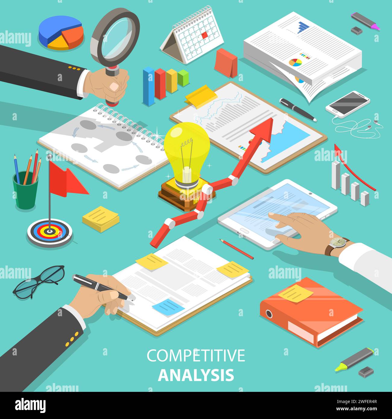 Flat isometric vector concept of competitive analysis, company ...