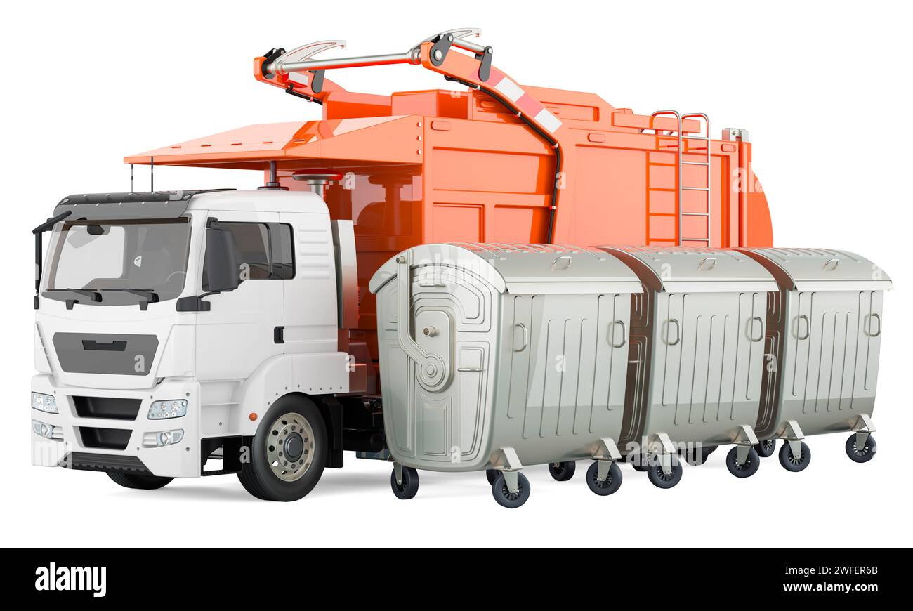 Garbage Truck with outdoor large garbage trash containers. 3D rendering ...
