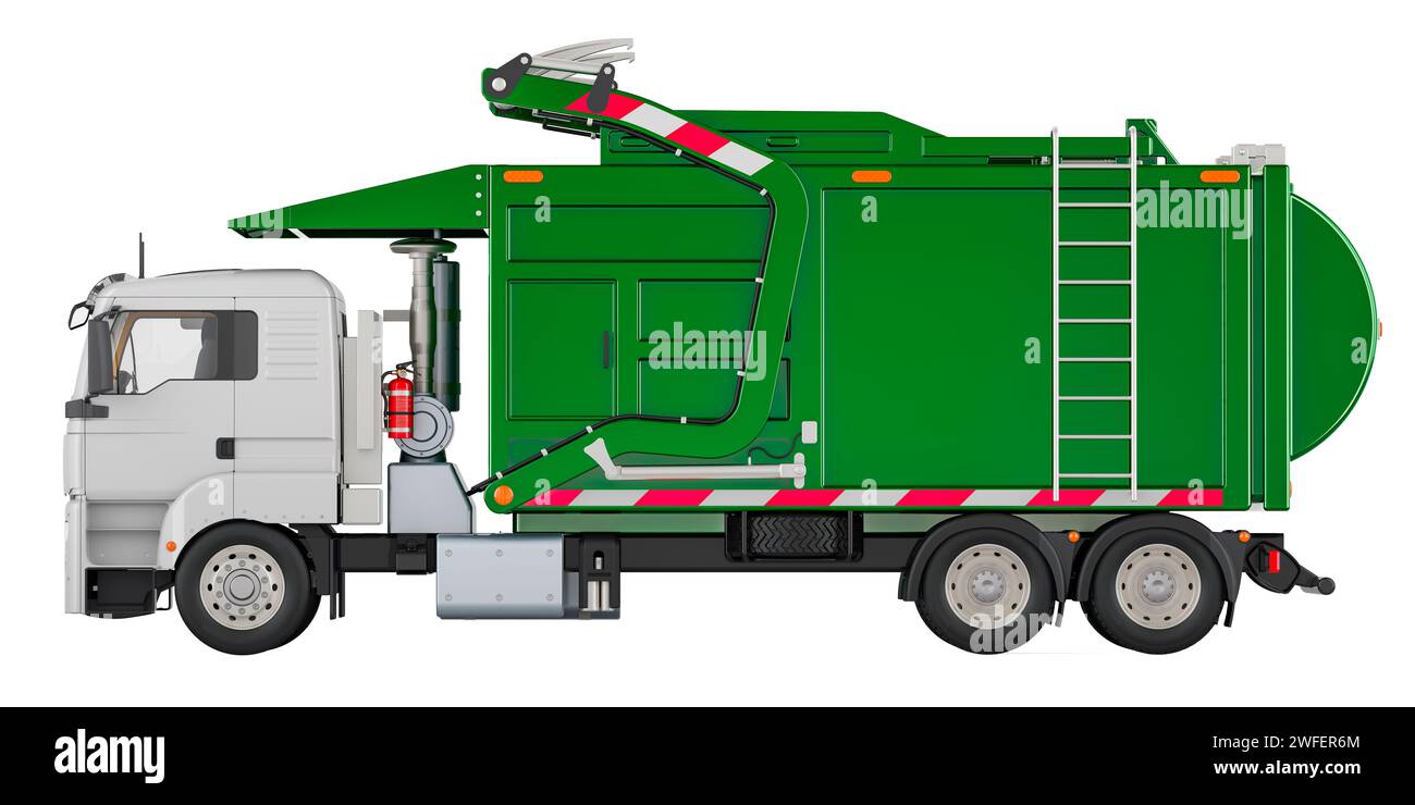 Green Garbage Truck, side view. 3D rendering isolated on white ...