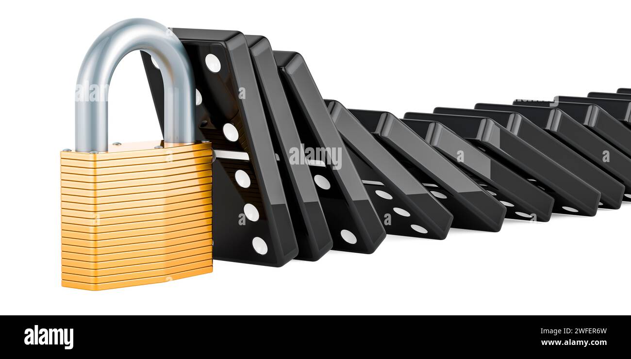 Padlock stopped domino effect. Prevention and protection, concept. 3D ...